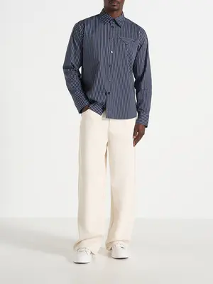 Manière De Voir Pinstripe Long Sleeve Shirt With Marble Buttons - Navy