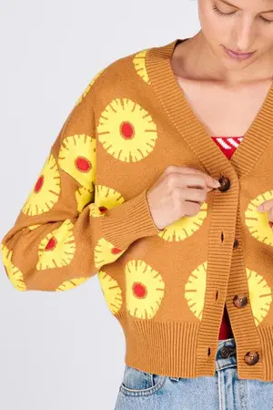RACHEL ANTONOFF Ana Cardigan Printed V-neck Cropped Sweater