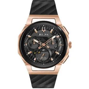 Bulova Curv Chronograph Rose Gold Tone Stainless Steel Rubber Strap Watch - Black