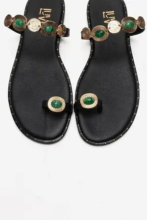 FOREVER & ALWAYS SHOES Martinez Leather Thong Sandal With Metal And Stone Detailing - Black