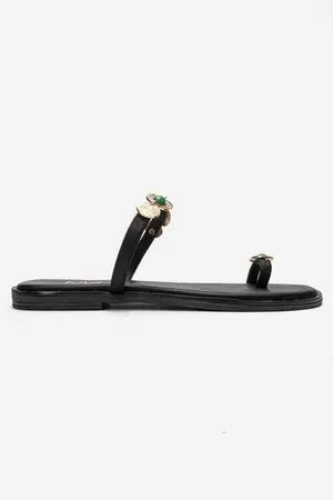 FOREVER & ALWAYS SHOES Martinez Leather Thong Sandal With Metal And Stone Detailing - Black