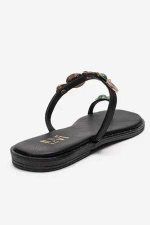 FOREVER & ALWAYS SHOES Martinez Leather Thong Sandal With Metal And Stone Detailing - Black