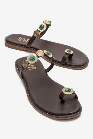 FOREVER & ALWAYS SHOES Martinez Leather Thong Sandal With Metal And Stone Detailing - Brown