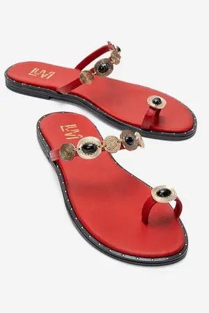 FOREVER & ALWAYS SHOES Martinez Leather Thong Sandal With Metal And Stone Detailing - Red