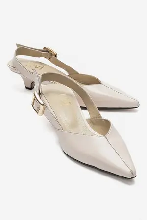 FOREVER & ALWAYS SHOES Leather Slingback Kitten Heel Pump - Cream