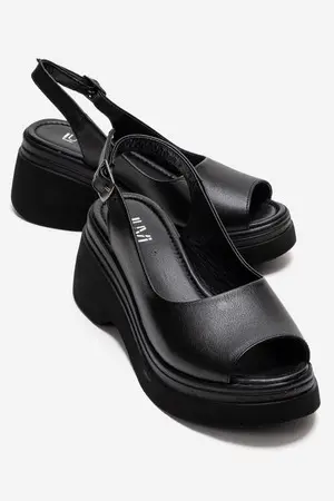 FOREVER & ALWAYS SHOES Laure Leather Wedge Sandal - Black