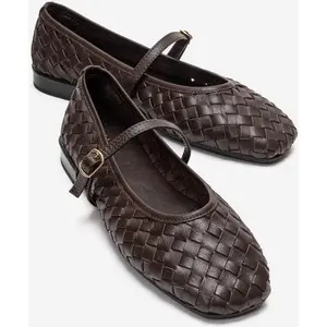 FOREVER & ALWAYS SHOES Yevora Woven Leather Mary Jane Ballet Flat - Brown