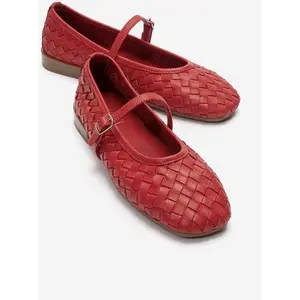 FOREVER & ALWAYS SHOES Yevora Woven Leather Mary Jane Ballet Flat - Red