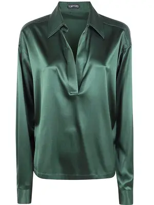 TOM FORD Stretch Silk Satin Polo Shirt - Green