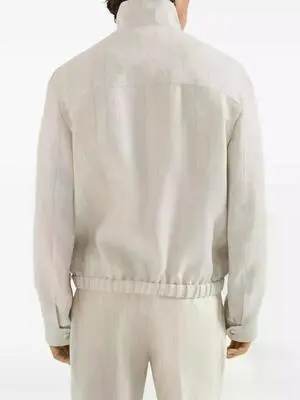 Brunello Cucinelli Linen Chalk Stripe Chevron Zip-up Jacket - Neutrals