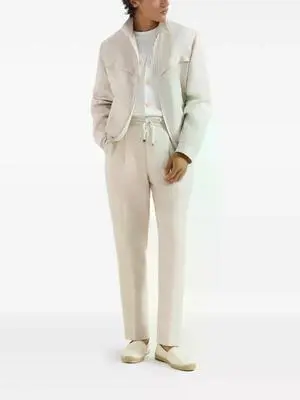 Brunello Cucinelli Linen Chevron Chalk Stripe Trousers With Drawstring And Double Pleats - Neutrals