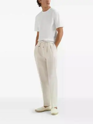 Brunello Cucinelli Linen Chevron Chalk Stripe Trousers With Drawstring And Double Pleats - Neutrals