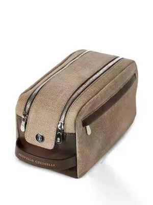 Brunello Cucinelli Water-resistant Canvas And Burnished Calfskin Beauty Case With Double Zipper - Brown