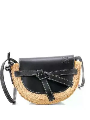 Loewe Gate Leather Shoulder Bag With Raffia - Black