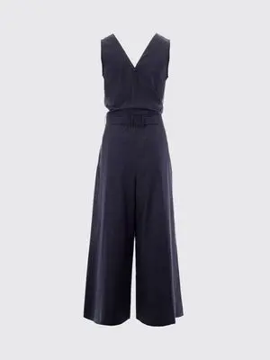 Max Mara Cotton Sleeveless V-neck Jumpsuit With Sash Belt - Blue