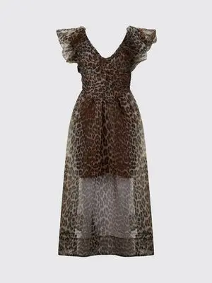 GANNI Leopard Print Ruffled V-neck Midi Dress - Multicolor
