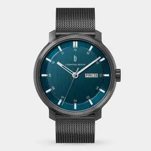 Lilienthal Berlin Automatic Day-date Watch With Anthracite Brushed Stainless Steel Mesh Strap - Blue