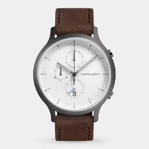 Lilienthal Berlin Chronograph Dark Silver Leather Strap Watch - White