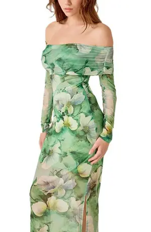 MARSY Long Sleeve Floral Mesh Off-the-shoulder Maxi Dress