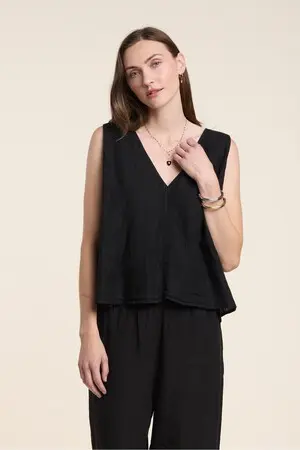 Velvet By Graham & Spencer Renna Linen V-neck Sleeveless Top With Rear Ties - Black