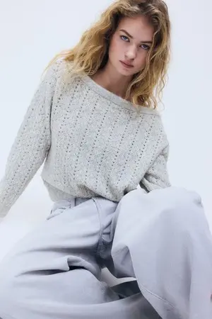H&m Off-the-shoulder Pointelle Knit Jumper - Light Gray