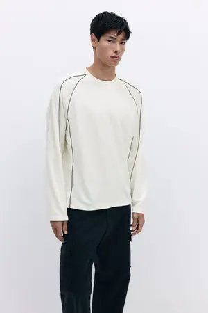 H&m Loose Fit Mesh Top With Contrast Piping