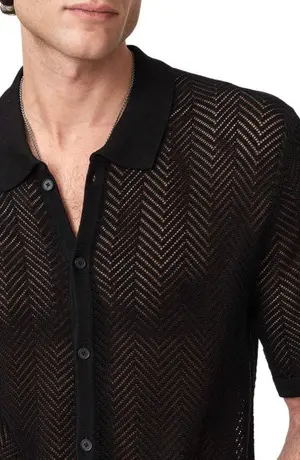 John Varvatos Herringbone Open Stitch Collared Sweater - Black