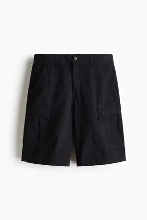 H&m Loose Fit Cotton Ripstop Cargo Shorts - Black