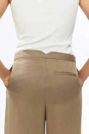 H&m Wide Leg Tailored Trousers With Button Detail - Beige