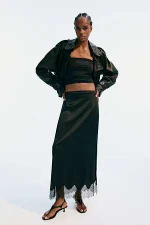 H&m Lace-trimmed Satin Midi Skirt