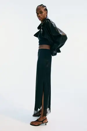 H&m Lace-trimmed Satin Midi Skirt