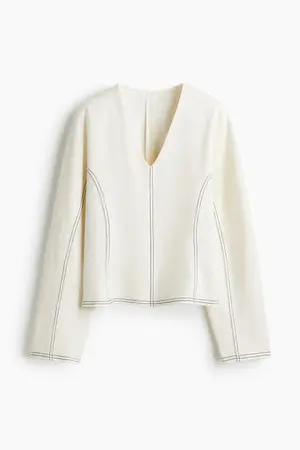 H&m V-neck Textured Jersey Top With Voluminous Sleeves
