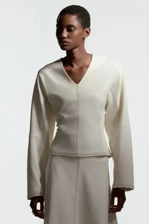H&m V-neck Textured Jersey Top With Voluminous Sleeves