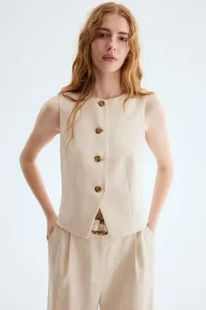 H&M Sleeveless Button-front Vest - Light Beige