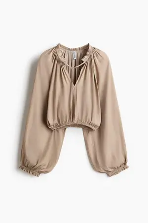 H&M Balloon-sleeved Blouse With Frill Collar - Beige