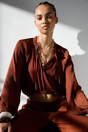 H&m Balloon-sleeved Blouse With Frill Collar - Dark Brown