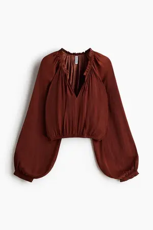 H&m Balloon-sleeved Blouse With Frill Collar - Dark Brown