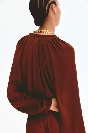 H&m Balloon-sleeved Blouse With Frill Collar - Dark Brown