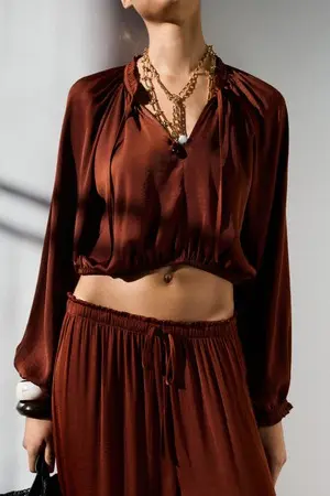 H&m Balloon-sleeved Blouse With Frill Collar - Dark Brown