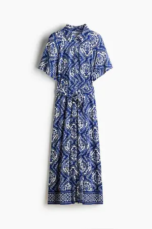 H&m Tie-belt Printed Shirt Dress - Blue/white Patterned