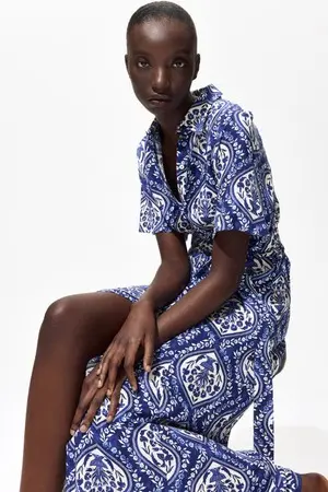 H&m Tie-belt Printed Shirt Dress
