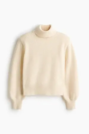 H&m Ribbed Roll Neck Jumper With Padded Shoulders - Cream