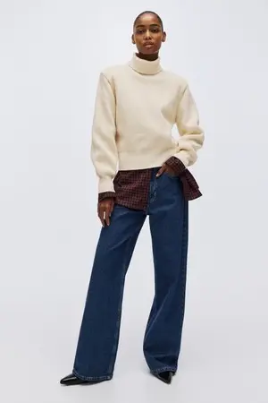 H&m Ribbed Roll Neck Jumper With Padded Shoulders - Cream