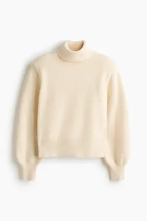 H&M Ribbed Roll Neck Jumper With Padded Shoulders - Cream