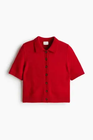 H&M Short-sleeved Collared Knit Cardigan - Red