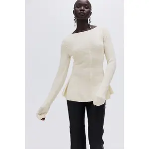 H&M Rib-knit Peplum Top With Boat Neckline - Cream
