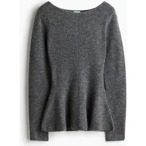 H&m Rib-knit Peplum Top With Boat Neckline - Dark Gray