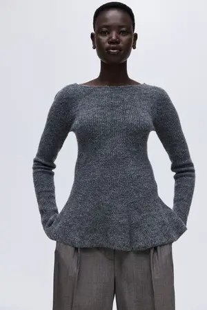 H&m Rib-knit Peplum Top With Boat Neckline - Dark Gray