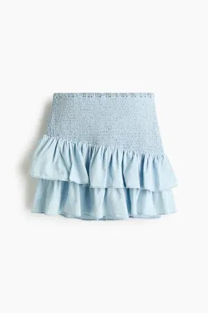 H&m Smocked Tiered Denim Mini Skirt - Light Blue