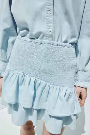 H&m Smocked Tiered Denim Mini Skirt - Light Blue